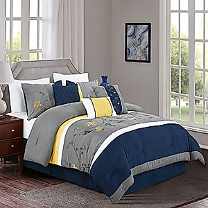 Chezmoi Collection Serene 7-Piece Luxury Autumn Floral Embroidery Comforter Set, California King, Navy/Gray/Yellow