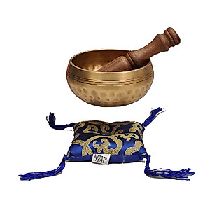 Tibetan Meditation Yoga Singing Bowl Set by Kasthamandap - Hand Hammered in Nepal - Handcrafted Bowl for Relaxing Meditation, Chakra Healing, Yoga and Mindfulness