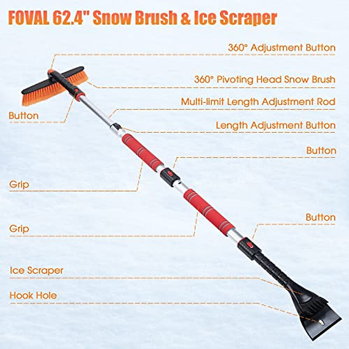 FOVAL 62.4" Extendable Snow Brush and Ice Scraper with 360°Pivoting Brush Head, Snow Removal Car Brush for Windshield Window Trucks SUVs, Essential Winter Tool Ice Remover with Comfortable Foam Grip