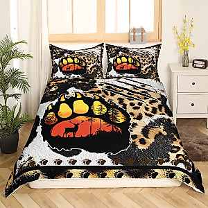 Feelyou Cow Fur Bedding Duvet Cover Set Wild Animal Bear Paw Bedding Set Nature Deer Leopard Print Comforter Cover Set Rustic Cabin Country Black Bedspread Cover Queen Size Bedclothes Zipper
