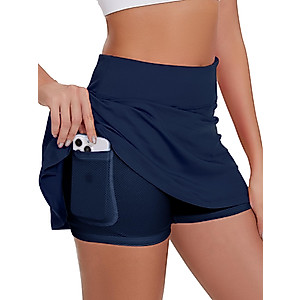 Pleated Tennis Skirt Golf Skort for Women with Pockets Shorts Athletic Workout Running Skirt Ruffle on Back (Navy Blue, Medium)
