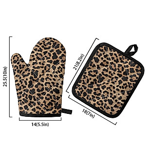 Jiueut 4 Pcs Brown Leopard Print Oven Mitts and Pot Holders Set,Heat Resistant Non-Slip Cheetah Kitchen Glove and Potholder for Cooking,Baking,Grilling