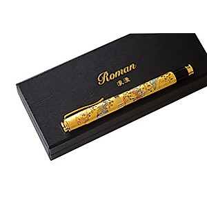 Roman Premium Vintage Fountain Pen Matte Black Ink Luxuary Antique Gold Trim Medium Nib with a Refill -Made in Japan-