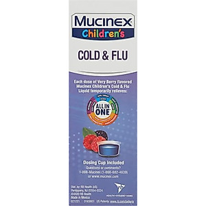 Cold, Cough, and Sore Throat, Mucinex Children's Cold, Cough, & Sore Throat Liquid, Mixed Berry, 4oz (Packaging May Vary) Controls Cough, Relieves Nasal & Chest Congestion, Thins & Soothes Sore Throat