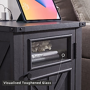 JXQTLINGMU Farmhouse End Table with Charging Station, 18'' Rustic Nightstand with Barn Door & Adjustable Shelf, Wooden Sofa Side Table with 3-Tier Storage for Living Room, Bedroom, Black