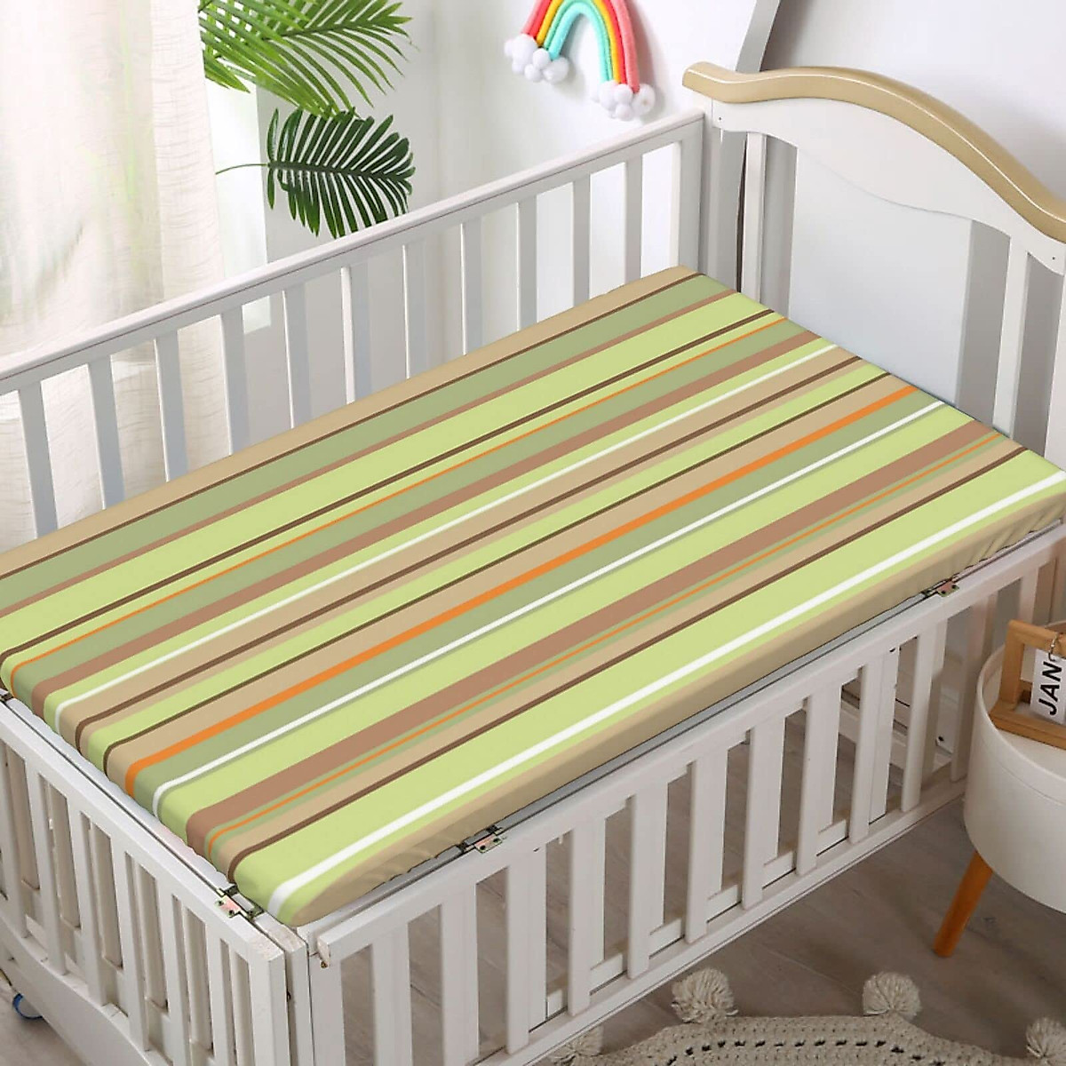 Striped Themed Fitted Mini Crib Sheets,Portable Mini Crib Sheets Soft and Breathable Bed Sheets-Baby Crib Sheets for Girl or Boy,24“ x38“,Pistachio Green Tan Orange