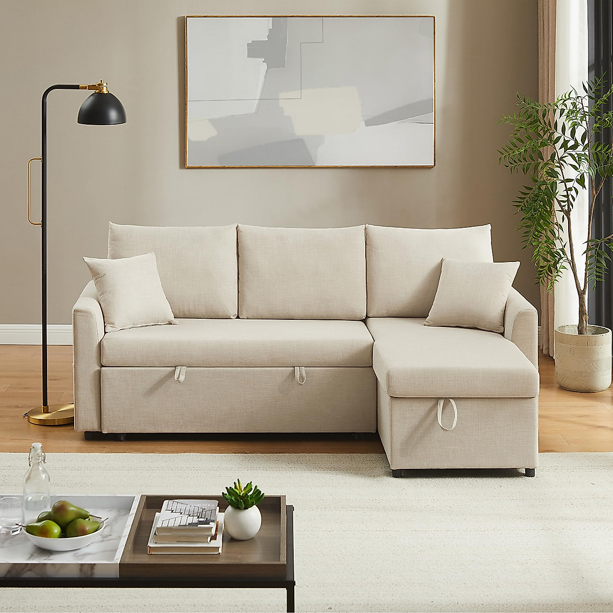 ODIKA L Shaped Convertible Sleeper Sofa Bed, 84" Sectional Couch for Living Room - Dual USB-C Charging, Pull Out Bed, Reversible Chaise with Storage & Pockets, Removable & Washable Beige Linen Covers