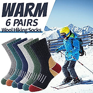 Kids Merino Wool Hiking Socks Boys Toddlers Girls Winter Thermal Thick Warm Boot Cushion Ski Snow Gift Socks Stocking Stuffers 6 Pairs (Color matching, 8-12 Y)