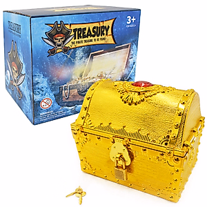 Pemalin Kids Pirate Treasure Chest Large Size Storage Box, Gem-encrusted Gold Decorative Chest with Lock and Key for Kids Birthday, Halloween, Christmas Pirate Party Favors