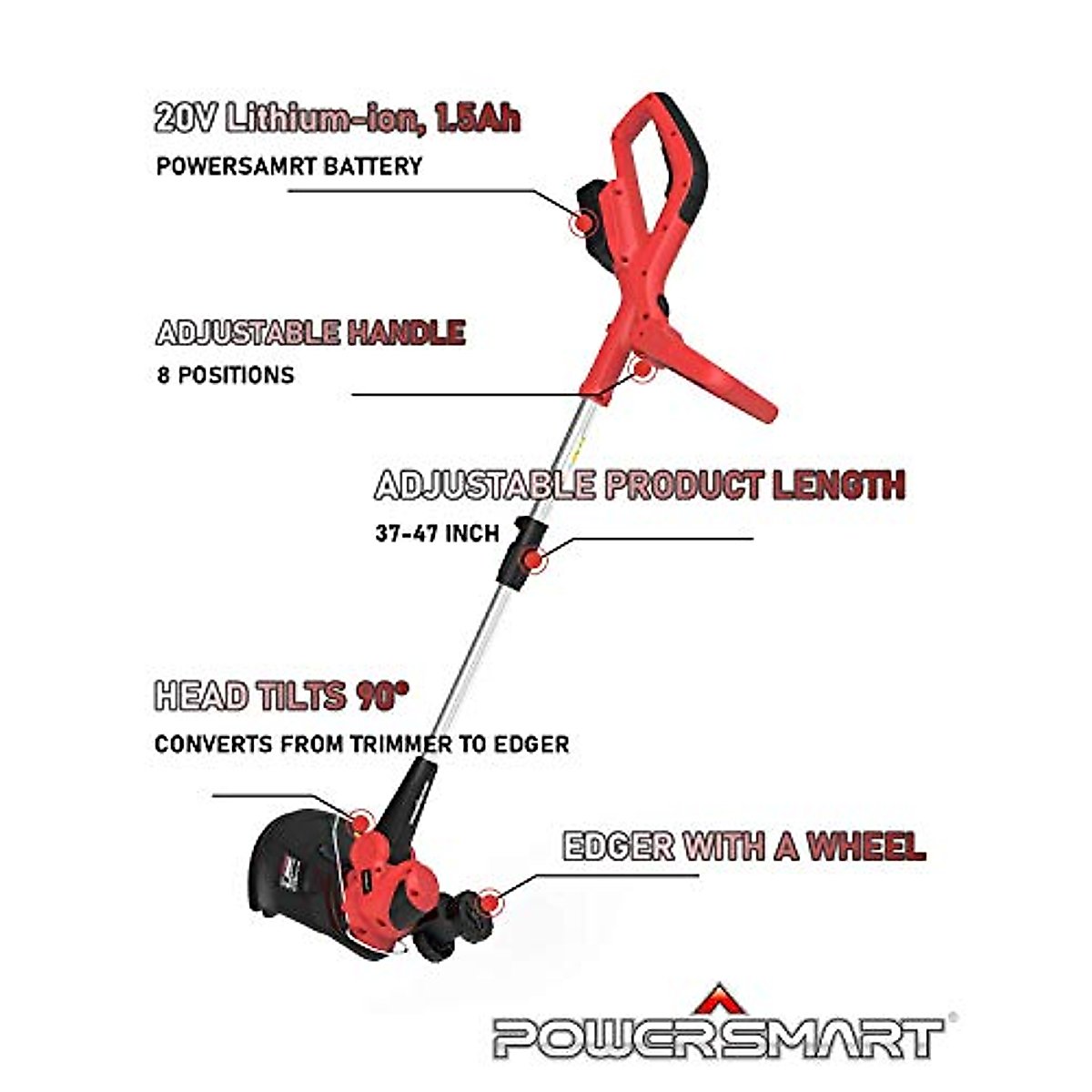 PowerSmart 20 Volt Lithium-Ion Cordless String Trimmer/Edger with Easy Feed, 24 x 9 x 6 inches, Includes One Battery & Charger,PS76110A