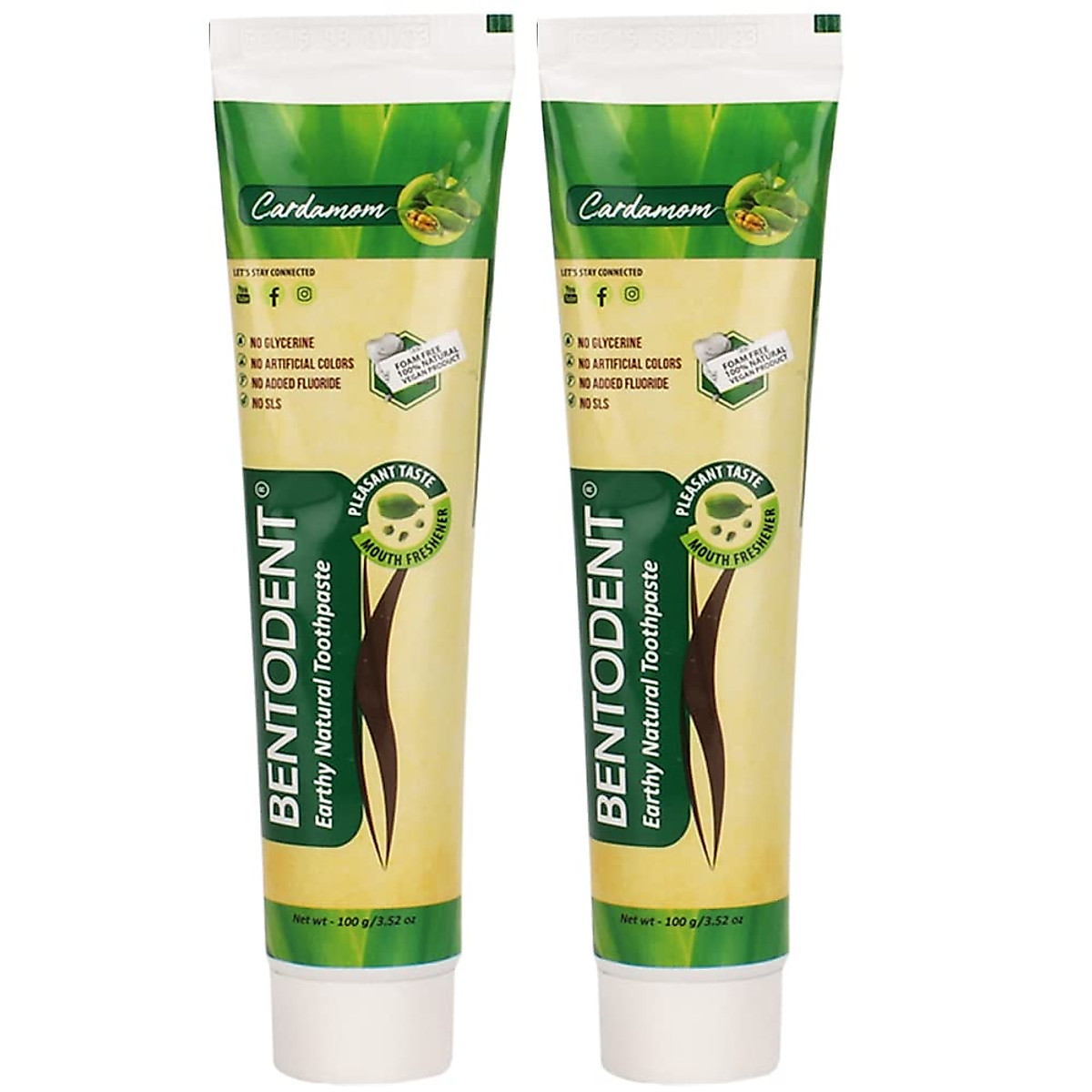 Bentodent Natural Toothpaste for Entire Family Incl Kids - SLS Free, Fluoride Free - Freshens Breath, Helps Reduce Plaque by Brushing (Cardamom Pack of 2)…