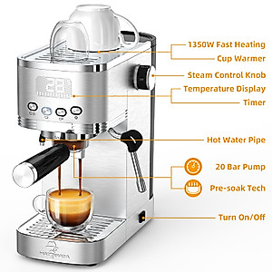 MAttinata Espresso Machine 20 Bar, Espresso Maker with Milk Frother and Hot Water Wand for Cappuccino, Latte, Americano, Stainless Steel