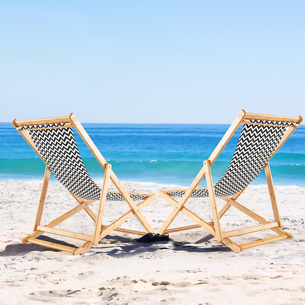 Tangkula Set of 2 Sling Chair Outdoor, Patio Deck Chair with Solid Bamboo Frame & Breathable Canvas Seat, 3 Adjustable Positions, Portable Folding Beach Chair for Porch, Poolside, Balcony, Garden