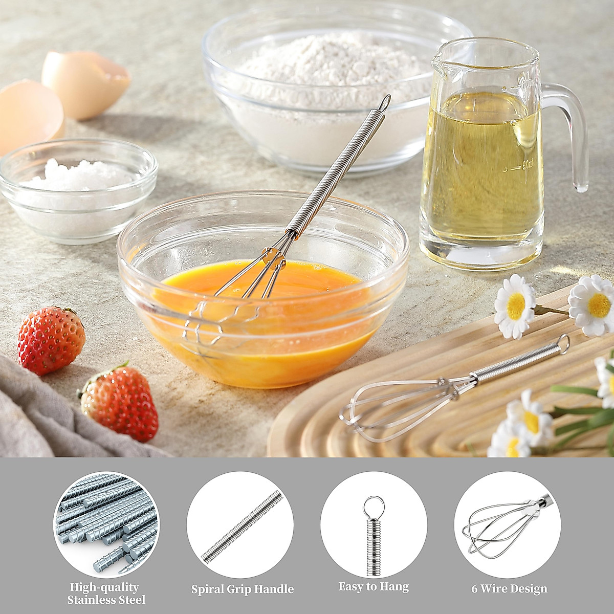 2PCS Mini Whisk, Stainless Steel 5 in and 7 in Small Tiny Whisks for Cooking, Whisking, Beating, Blending Ingredients and Mixing Sauces, 6 Wire Design, Ergonomic Spiral Handle, (Silver)