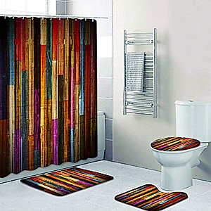 Shower Curtains with Bath Rugs Non-Slip Soft Toilet Lid Cover for Bathroom ,Waterproof Home Tub Curtains Sets with Memory Foam Rugs ,3D Print Durable Polyester Fabric Four-Piece Colored Wood