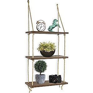 Greenco Decorative Rustic Jute Rope Wall Hanging Floating Shelves, Distressed Wood, 3 Tier .