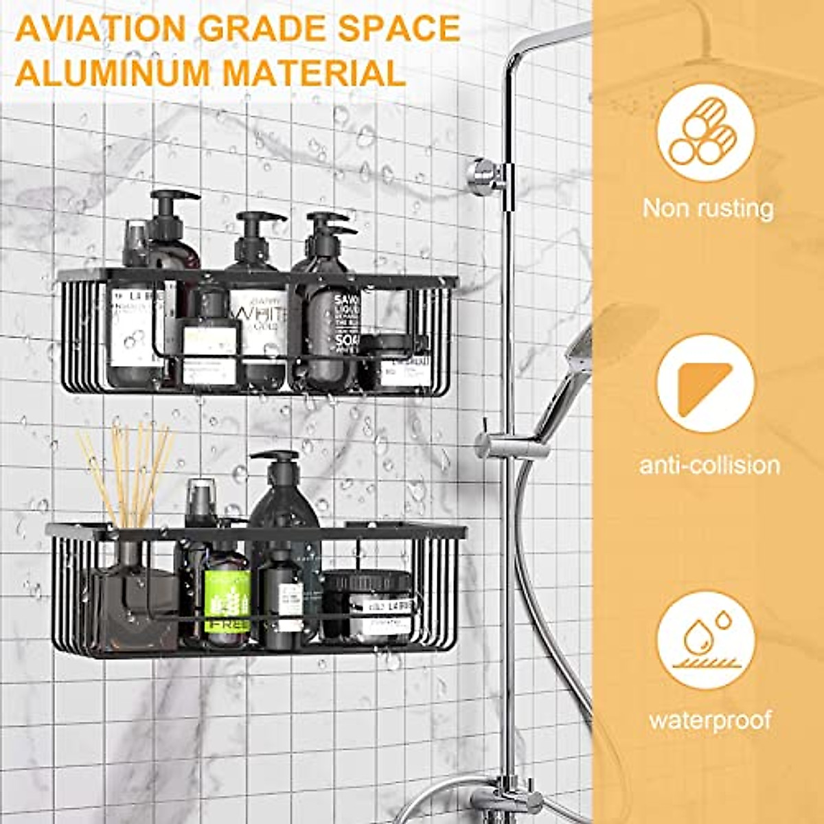 Scnvo Shower Caddy Organizer Storage Rack, Adhesive Rustproof Shower Basket Wall Mount Bathroom Inside Shower Wall Shelf for Bathroom Kitchen