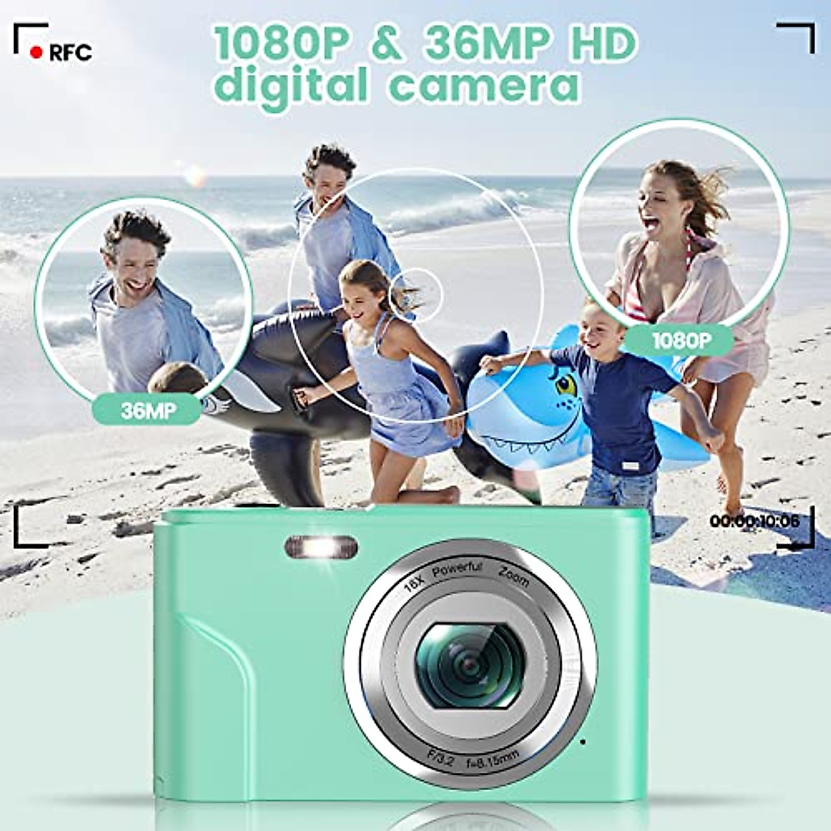 Digital Camera, HUMIDIER FHD 1080P 36MP 16X Digital Zoom Mini Vlogging Video Camera with Battery Charger, Compact Portable Cameras Point and Shoot Camera for Kids,Teens,Beginners (Green)