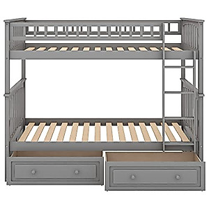 Harper & Bright Designs Bunk Beds Twin Over Twin with Storage, Twin Bunk Beds with 2 Drawers, Wooden Storage Bunk Bed with Safety Rail and Ladder,Can be Convertible to 2 Beds,Grey
