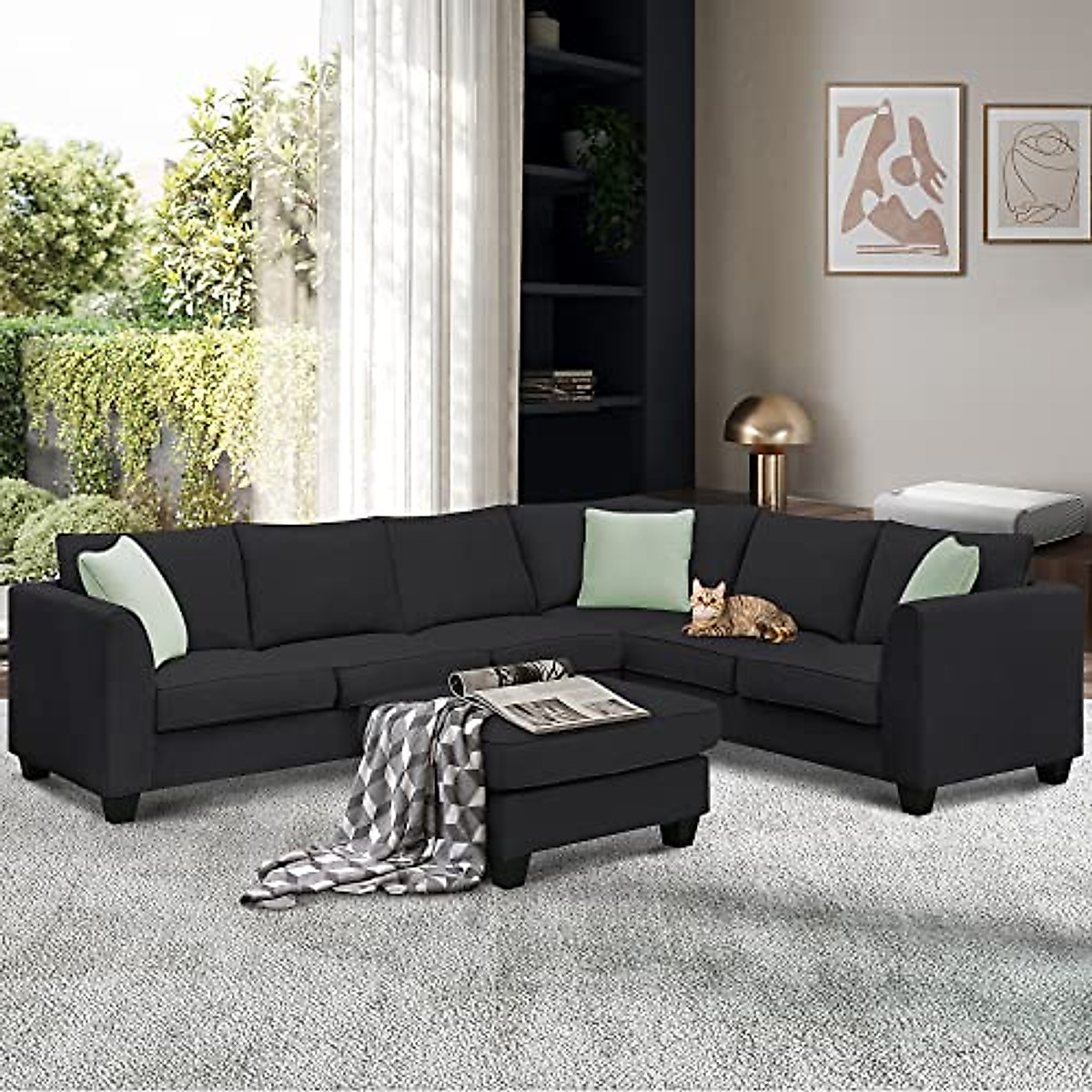 P PURLOVE Modern Large Sectional Sofa, L Shape Fabric Sofa Corner Couch Set with Ottoman and 3 Pillows, Extra Wide Chaise Lounge Couch for Living Room Apartment, Black