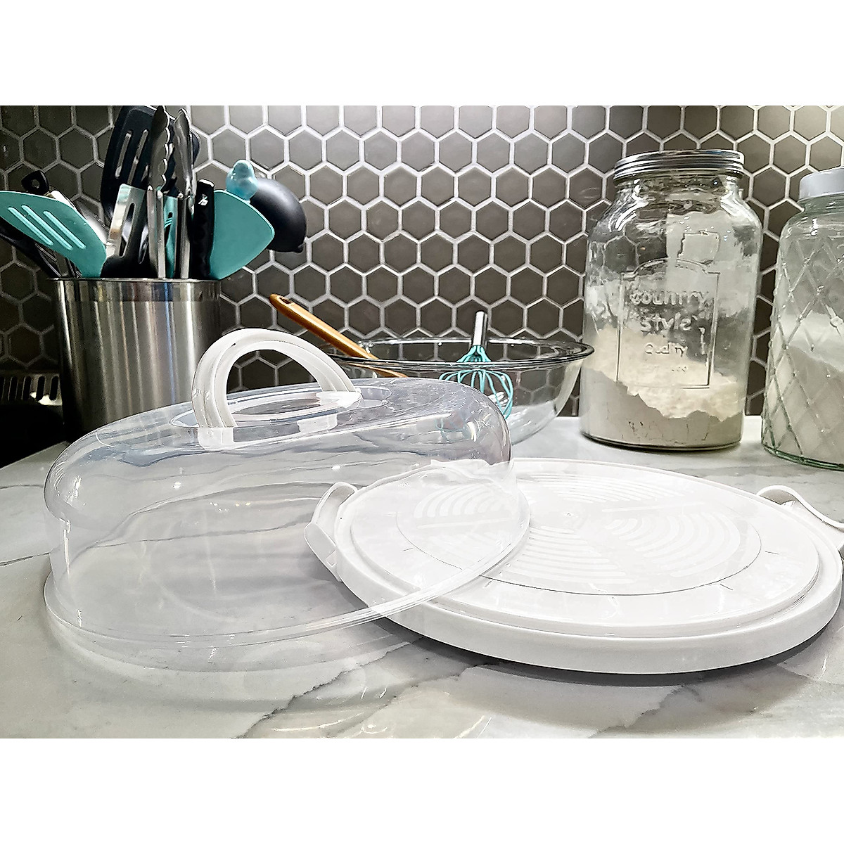Top Shelf Elements Pie, Cake, Cheesecake Carrier for up to 10 in x 4 1/2 in cake. Two Sided Fashionable Stand Doubles as Five Section Serving Tray Perfect Taker Caddie for Travel (White)