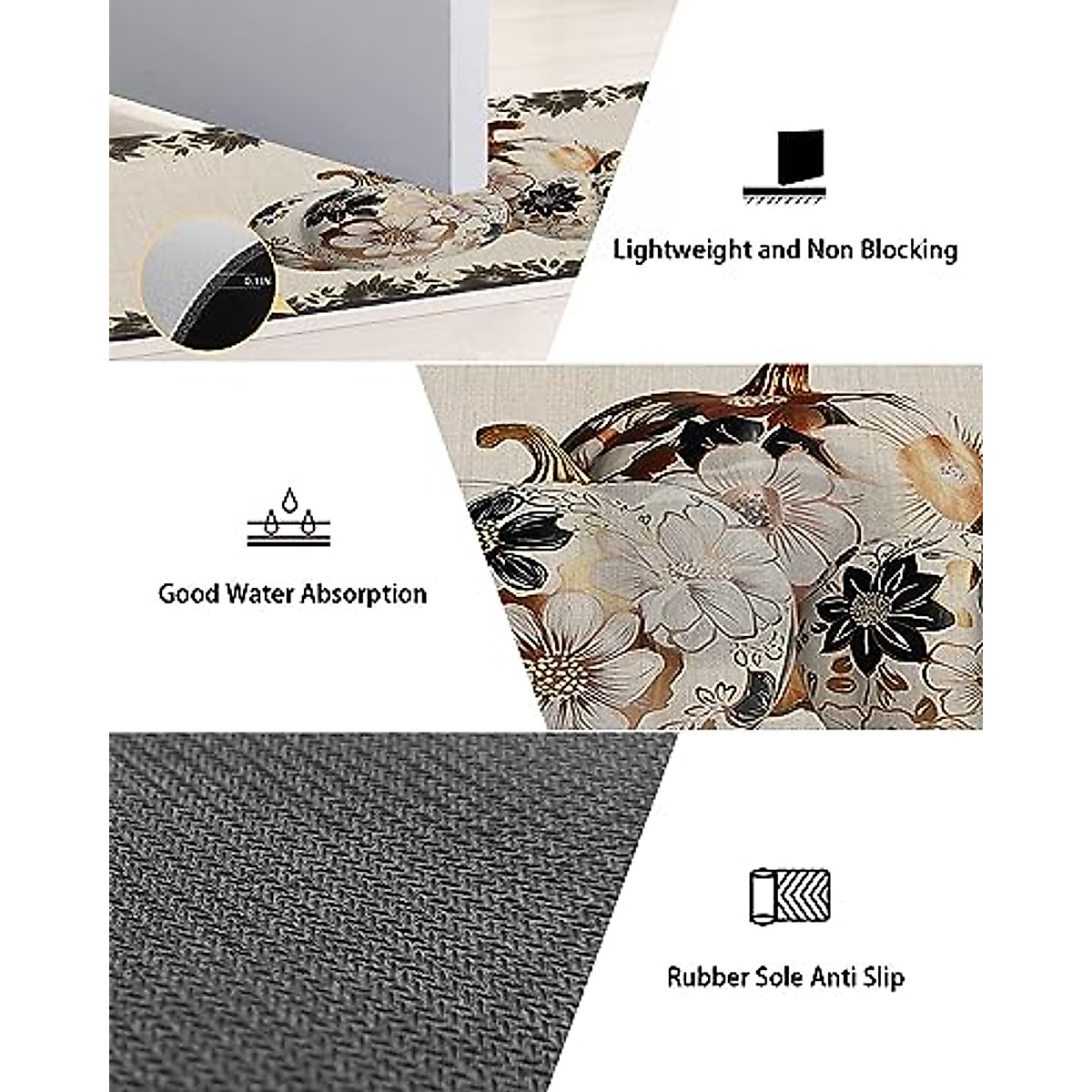 Farmhouse Thanksgiving Bath Mat for Tub,Non Slip Bathroom Floor Runner Rug Quick Dry & Absorbent Diatomaceous Earth Shower Sink Kitchen Washable Doormat,European Pumpkins Gold Floral Leaf 16x24+16x47