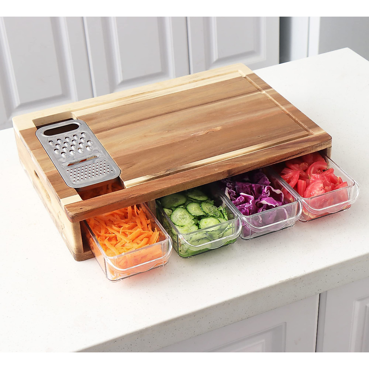 Acacia Wood Cutting Board with Containers & Lids, 3in1 Grater and bonus Bamboo Phone and Tablet Holder by SWILLT-Large Acacia Wood Chopping Board with 4 Storage Trays, Food Prep Cleanup, Juice Groove