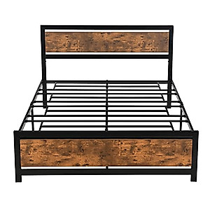 Metal and Wood Bed Frame with Headboard Footboard Black Modern Contemporary