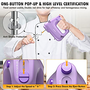 Electric Hand Mixer with Stainless Steel Whisk, Dough Hook Attachment and Storage Bag, Handheld Mixer for Baking Cakes, Eggs, Cream Food Mixers. Turbo Boost /5 Speed Kitchen Blender PURPLE