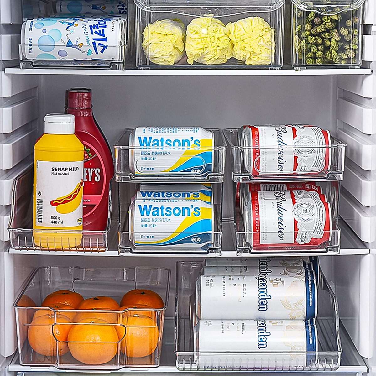 Soda Can Organizers Bins, 2 PCS Wide Plastic Water Bottle Storage, Stackable Clear Refrigerator Organizer Bins, Food Storage Dispensers for Freezer Cabinet Countertops Fridge Kitchen