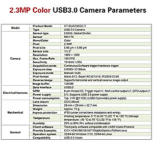 HTENG VISHI High Speed USB3.0 Color 2.3MP 1/1.2" Machine Vision Global Shutter Digital Industrial Camera C-Mouth Supports Windows and Linux SDK Indoor Area Scan Camera 1920x1200 165FPS
