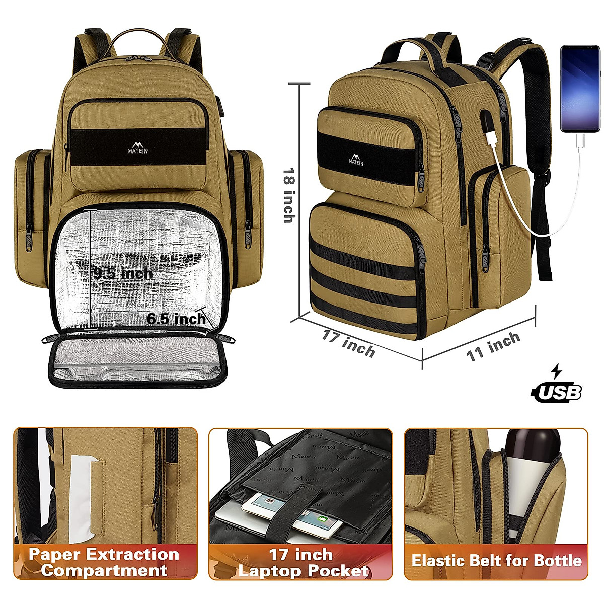 MATEIN Lunch Backpack for Men, 17 Inch Travel Laptop Insulated Cooler Bag box Rucksack with USB Charging Port, Extra Large Water Resistant College Work Computer Daypack