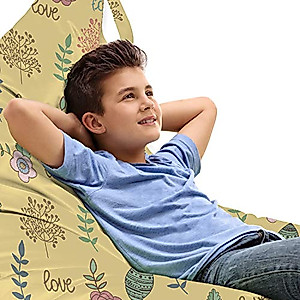 Lunarable Vintage Lounger Chair Bag, Pastel Blossom Petals of Love Message Retro Flora Spring Garden, High Capacity Storage with Handle Container, Lounger Size, Pale Camel and Multicolor