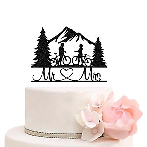 Funny Wedding Cake Topper - Groom and Bride on Mountain Bikes - Mountain Biker Couple Cake Topper - Mr & Mrs Wedding Party Decorations Black Glitter