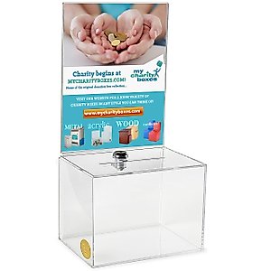 Acrylic Charity Donation Ballot Box Fundraising Coin Collection Tip Box 6.5" x 5" x 5" Office Suggestion Box Piggy Bank Ticket Box with Large 8.5" x 6.5" Display Area with Lock and Keys