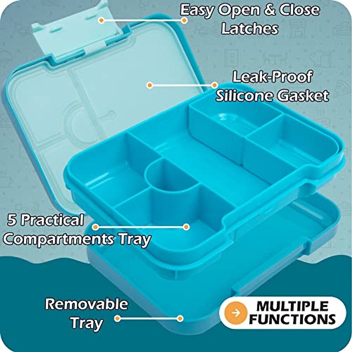 Cheryl Bento Box for Kids 27 oz, Bento Lunch Box Kids with 6-Compartment, Lunch Containers for Kids Daycare, Inner Removable Compartment Tray Dishwasher Safe, Microwave Safe - Blue Unicorn