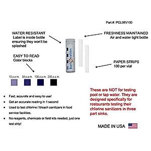 Three Pack Restaurant Sanitizer Chlorine Test Paper, 10-200 ppm [3 Vials of 100 Paper Strips]