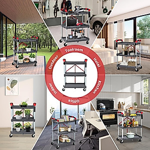 3-Tier Portable Folding Service Cart, Fold Up Rolling Cart, Collapsible Push Cart with Wheels, 56 Lbs Load Capacity per Shelf Folding Utility Carts for Home/Office/Warehouse Gery