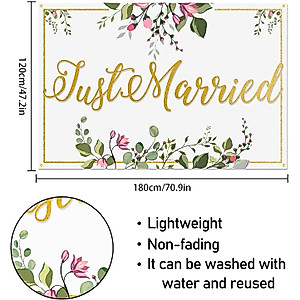Just Married Backdrop Banner White Floral Wedding Engagement Bridal Shower Theme Party Decorations Photography Background Supplies for Women Men