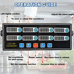 EVEDMOT Commercial 8 Channels Digital Kitchen Timer, Stainless Steel Calculagraph Timer with Loud Alarm for Restaurant, Clock Reminder on Multiple Events