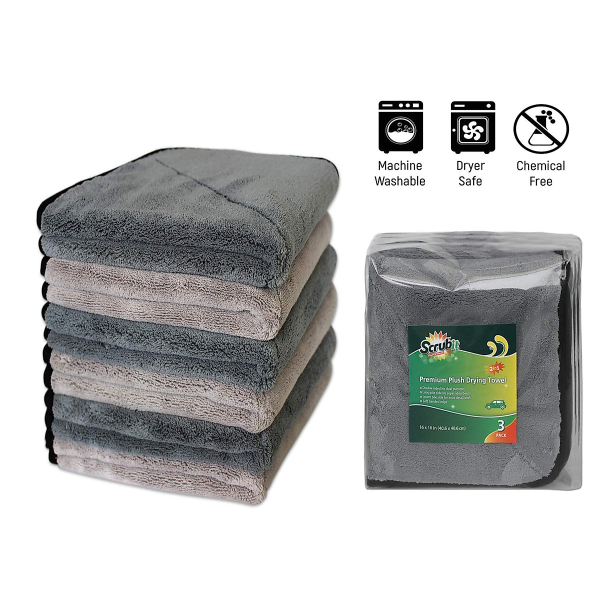 SCRUBIT 3 Pack Microfiber Cleaning Towels for Cars by Scrub it- Super Absorbent Plush Towel Quick car Drying, Non-Scratch, Double Layer wash Cloth to Clean and Shine Your Vehicle