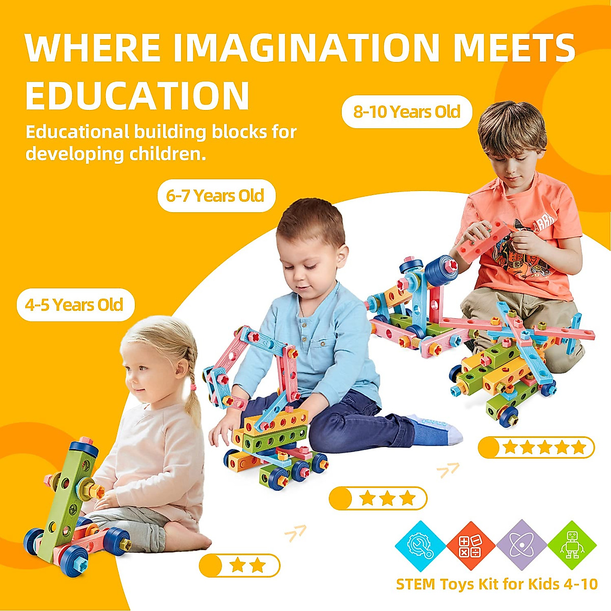 Erector Sets for Kids Ages 4-8, Easy Assembled 163 PCS Building Blocks, STEM Games for 4 5 6 7 8 Year Old Girls Boys Kids, Educational Building Toy STEM Kits with Tools, Design Guide, Storage Bin