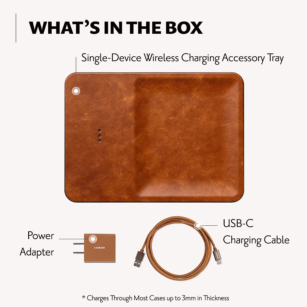 Courant Catch:3 Classics - Italian Leather Wireless Charging Station and Valet Tray (Saddle) - Compatible with iPhone 15, 14, 13, 12, 11, Galaxy S21, S20, Note, AirPods, AirPods Pro