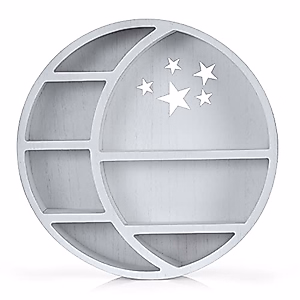 White Crescent Moon Shelf for Crystals, Wiccan Decor Crystal Shelf for Essential Oils, Wooden Moon Decor Crystal Display for Bedroom Bathroom and Kitchen Wall Mounted