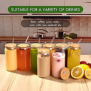 Naeety Glass Cups with Bamboo Lids and Glass Straw, Drinking Glasses Set of 4-16 Oz Beer Can Shaped Glass Cups, Iced Coffee Glasses, Tumbler Cup for Smoothie, Cocktail, Whiskey - 3 Cleaning Brushes