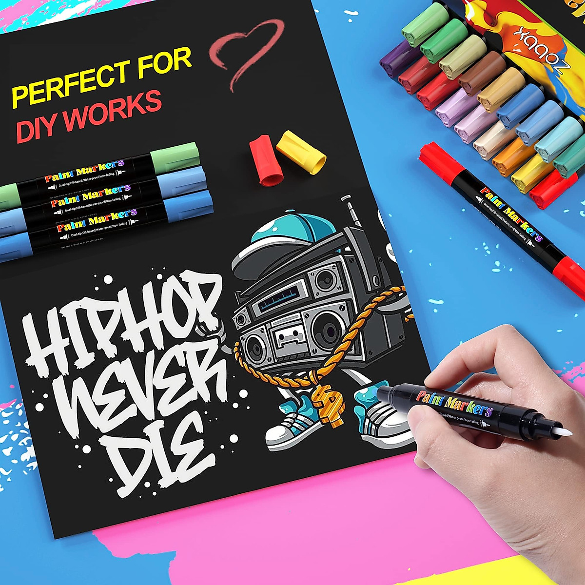 Zobbx Permanent Paint Pens Markers - 18 Colors Dual Tip Oil Based Waterproof Paint Marker for Metal Glass Plastic Wood Canvas Rock Painting, Stocking Stuffers Art and Craft Supplies