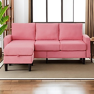 TMEOSK Convertible Sectional Sofa Couch, 3-Seat L-Shaped Sofa with Reversible Storage Ottoman, Modern Linen Fabric Upholstered Sofa Furniture Sets for Living Room Small Space Apartment (Pink)