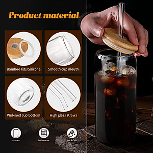 Porkus Glass Cups with Lids and Straws 4pcs Set, 20oz Glass Cups, Glass Coffee Cups, Iced Coffee Cup, Cute Tumbler Cup