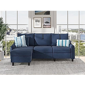 Pingliang Home 80" Sectional Sofas for Living Room, 3 Seat L Shaped Couch with Reversible Ottoman, Modern Linen Fabric Small Sectional Couch for Apartment Small Space, Navy Blue