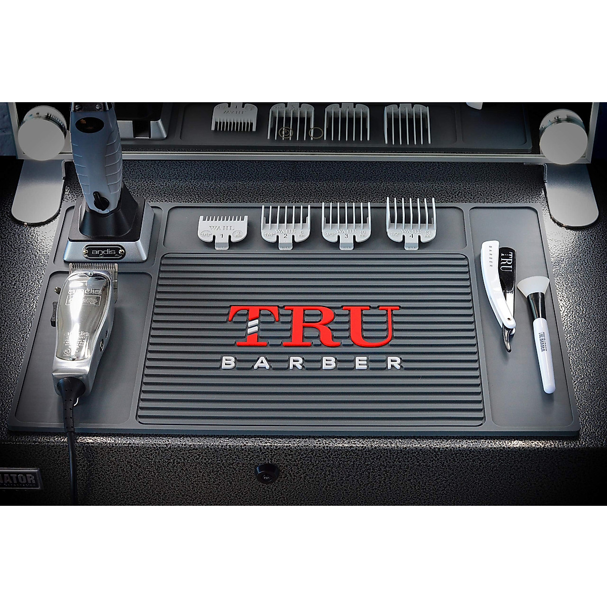 TRU BARBER Organizer Mat 18" X 13" (Charcoal Grey) Flexible PVC Station Mat, Salon Barbershop work station pads, Beauty salon tools, Counter mat for clippers, anti slip